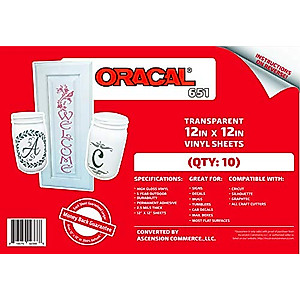 (10 Sheets) Oracal 651 Transparent Adhesive Craft Vinyl for Cricut, Silhouette, Cameo, Craft Cutters, Printers, and Decals - 12" x 12" - Gloss Finish - Outdoor and Permanent