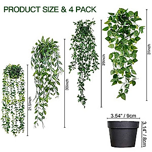 Sggvecsy Fake Hanging Plants 4 Pack Artificial Hanging Eucalyptus Plants Fake Potted Greenery Faux Eucalyptus Mandala Vine Ivy Vine Leaves Pea Pod for Home Indoor Outdoor Wall Garden Decor