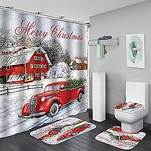 4 Pcs Christmas Shower Curtain Sets with Rugs Red Truck with Xmas Tree Snowmen Farmhouse Shower Curtain Waterproof Bathroom Set with Hooks Toilet Lid Cover Bath Mat