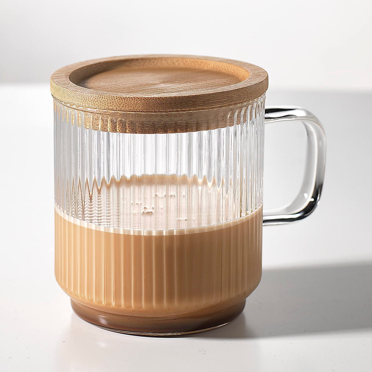 Glaver's Coffee Mug with Lid Borosillcate Glass Set of 2, 12 oz Ribbed Tea Cup With Bamboo Lid and or Coaster 2in1. For Espresso, Mocha, Cappuccino.