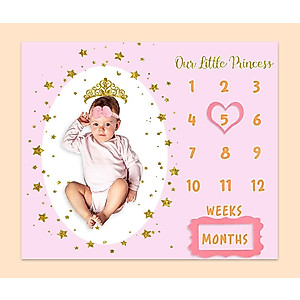 PHMOJEN Monthly Milestone Blanket for Baby Girl, 48"x40" Soft Flannel Pink Princess Memory Growth Blanket, Photography Backdrop Prop for Newborn Baby Shower, 1 to 12 Months Include Marks BTLSPH819