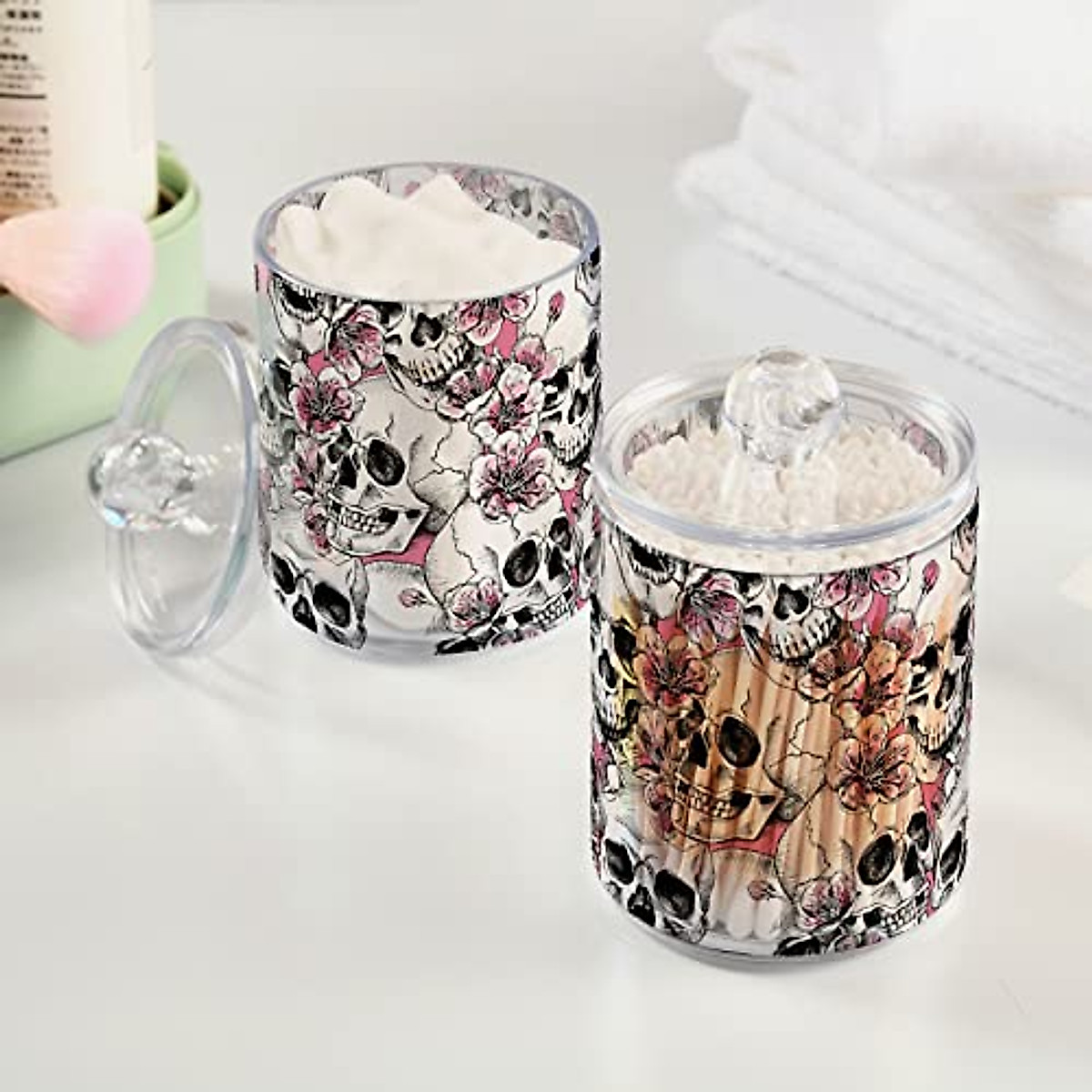 MNSRUU 2 Pack Qtip Holder Organizer Dispenser Pink Floral Skull Bathroom Storage Canister Cotton Ball Holder Bathroom Containers for Cotton Swabs/Pads/Floss