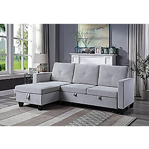 GLANZEND Velvet Convertible Sleeper, L-Shape 3 Seater Reversible Sectional Couch with Storage Chaise, Pull-Out Sofa Bed for Living Room, Small Apartment, Dorm, Light Gray, 60 Inch