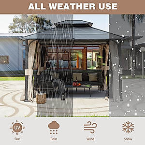 MELLCOM 10 x 12 FT Iron Hardtop Gazebo, Double Roof Gazebo with Curtains and Netting, Waterproof Canopy Gazebo with Anti-Rust Coating Frame for Patios, Lawns, Gardens, and Backyard