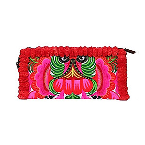Red Pom Pom Clutch Bag with Embroidered Hmong Tribes Orchid Pattern