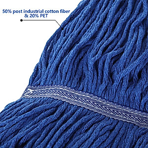 4Pcs Commercial String Mop Head, Loop-End Mop Head Replacement, Heavy Duty Mop Head Refills, 6 Inch Headband, Cotton Looped End Wet Cleaning Mop Refill for Home, Industrial and Commercial Use (Blue)