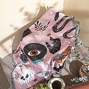 tiowik Divination Tarot Card Snake Skull Devil Eyes Throw Woven Blanket with Tassel for Home Decoration Chair Couch Sofa Bed Beach Travel Picnic Cloth Tapestry Shawl Cozy Cotton (Pink 63×51 Inches)