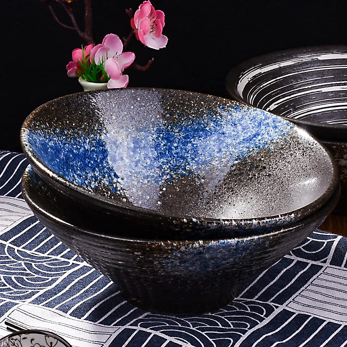 Japanese Ramen Bowls Set of 2, Ceramic Noodle Soup Cereal Bowls(BLC)