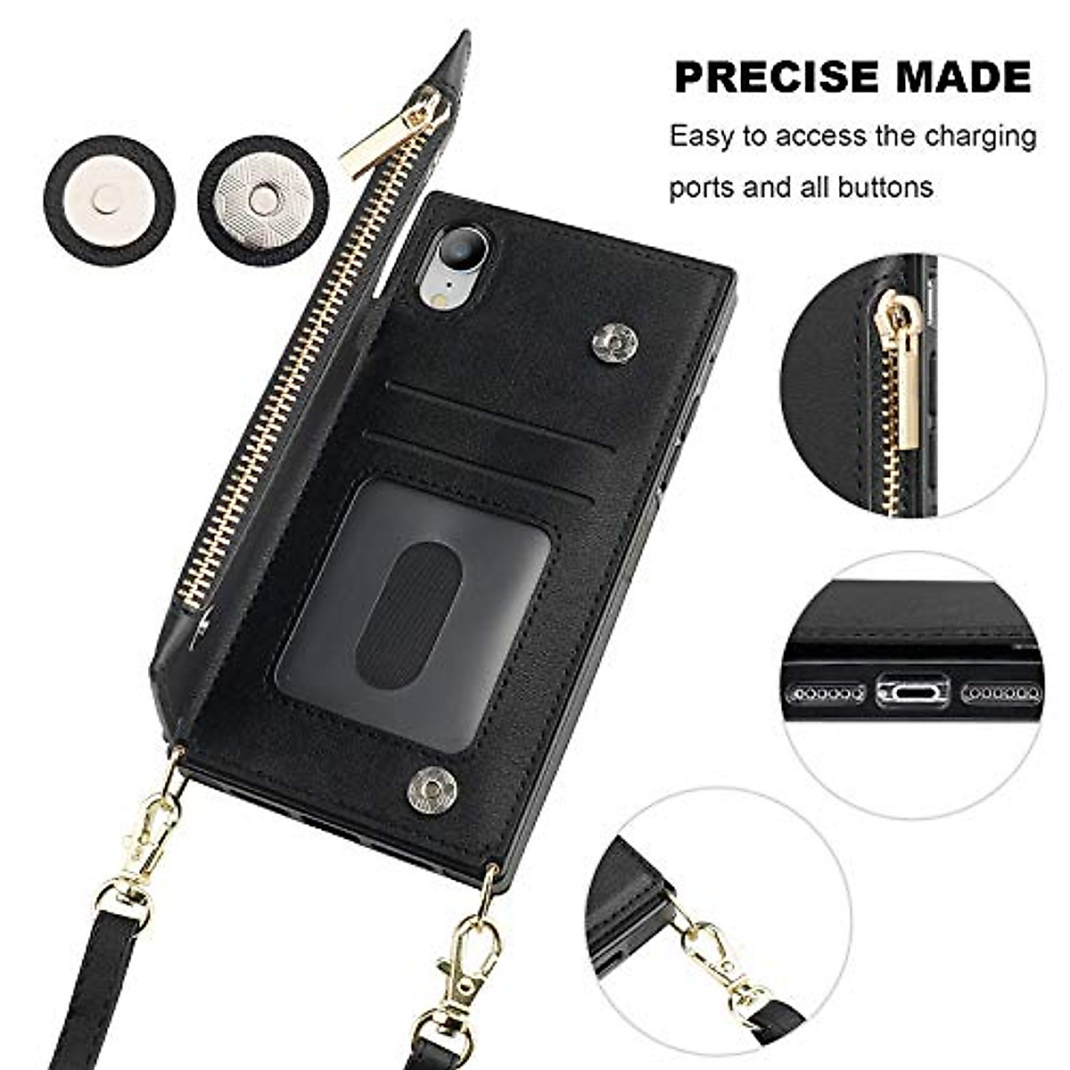 Bocasal Crossbody Wallet Case for iPhone Xr with Card Holder,Zipper Card Slot Protector Shockproof Purse Cover with Removable Cross Body Strap 6.1 Inch(Black)