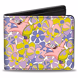 Buckle-Down Men's Wallet Bifold PU Spongebob Squarepants Patrick Starfish Sea Flowers Collage, 4.0" x 3.5"