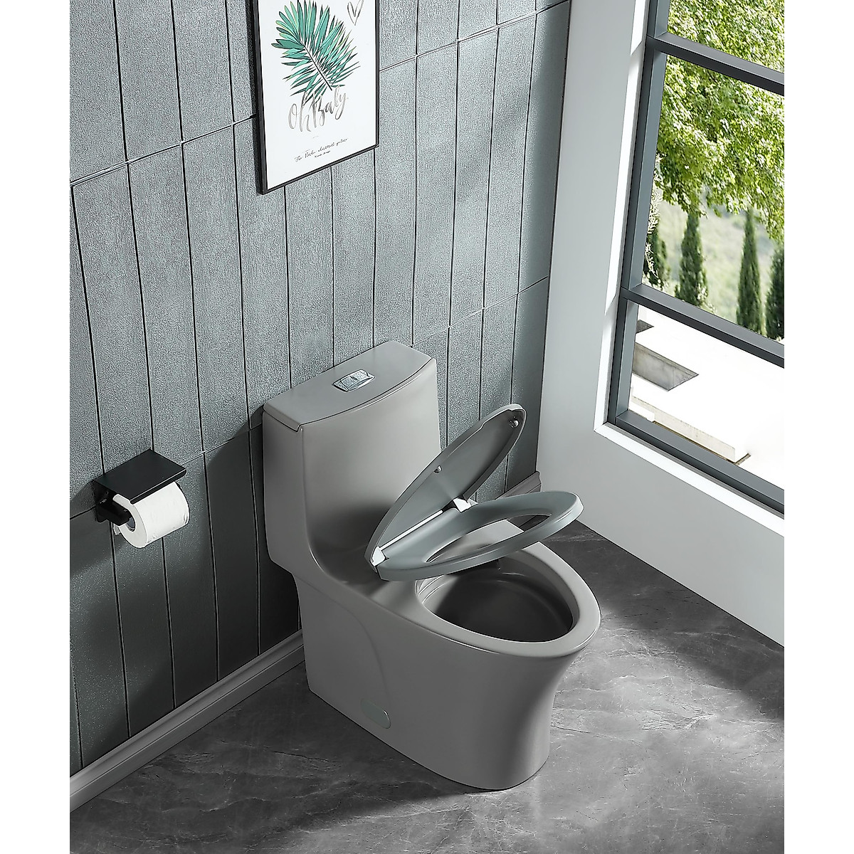 One Piece Toilet Dual Flush Elongated Standard Modern Toilet 1.1/1.6 GPF Soft Close Seat Save Water Powerful & Quiet - Gray, 27.5"D x 14"W x 28.6"H