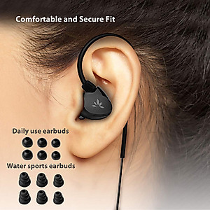 Avantree Secure Fit Underwater Waterproof Earbuds for Swimming, Wired Sports Headphones for Gym Running Diving Surfing, IPX7, Short Cord with Over The Ear Hook and 6 Pair Soft Earphones Tips - TR509