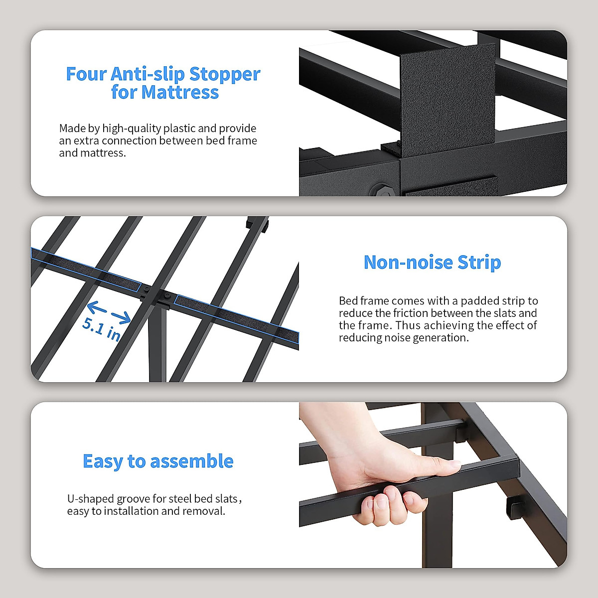 ROIL 18 Inch Queen Bed Frame with Rounded Corner and Headboard Hole Mattress Retainers 3500LBS Metal Heavy Duty Steel Slats No Box Spring Needed Platform Noise-Free Easy Assembly