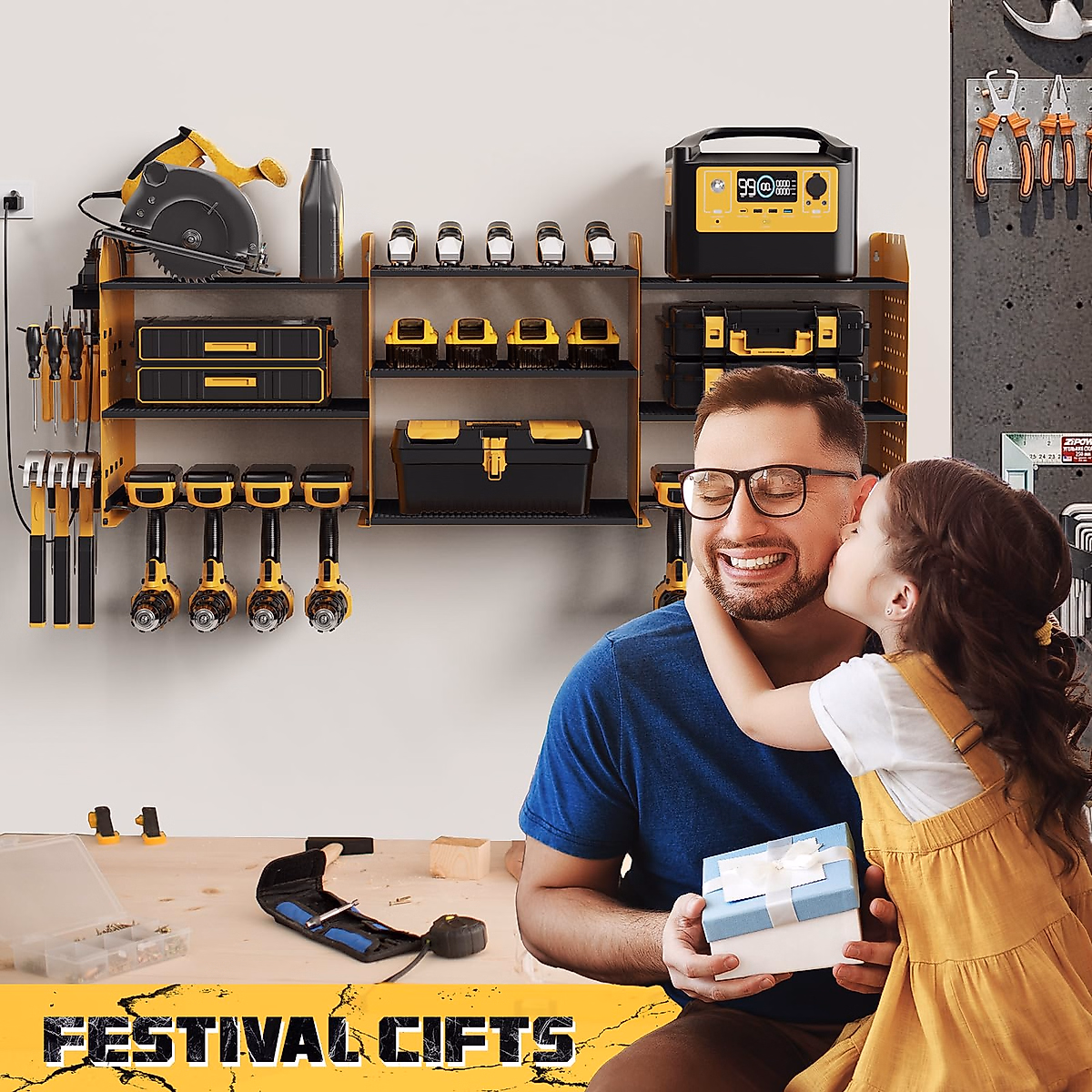 Power Tool Organizer, 45.5 Inch Cordless Drill Holder Wall Mounted, 3 Layers Tool Organizers with Outlet Power Strips , Garage Storage Rack for Toolbox/Impact Wrenches/Screwdriver/Plier/Hammer