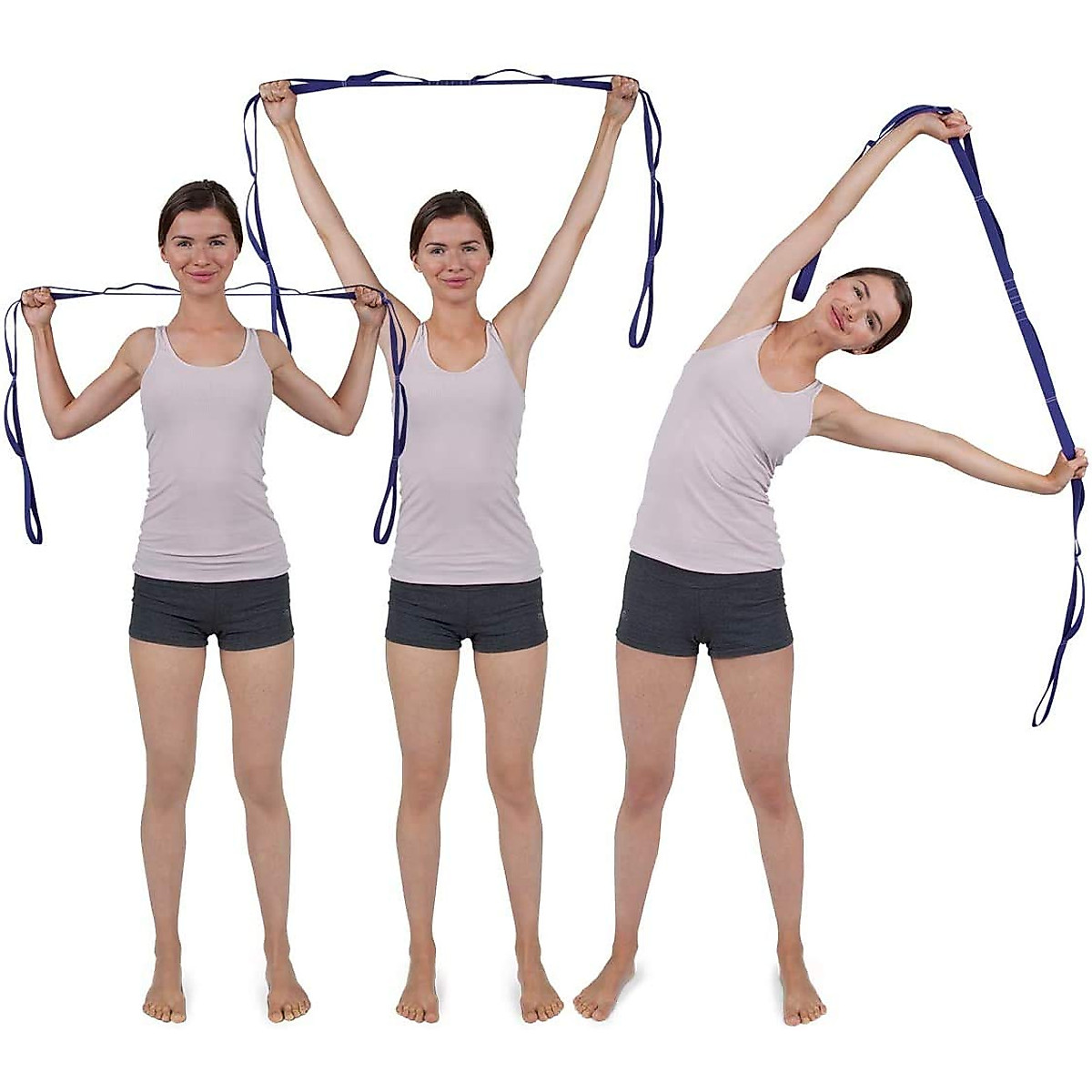 Stretch Strap with Loops for Physical Therapy, Flexibility, Range of Motion and Workouts with Exercise Book. Non-Elastic Band for Yoga, Pilates. Stretch Out Hamstring, Knee, calf, Back, Shoulder