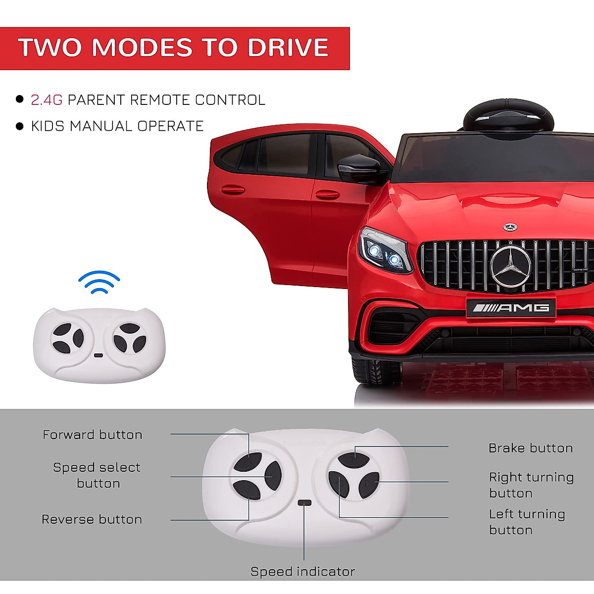 Aosom 12V Toddler Ride On Car with Remote Control, Mercedes Benz AMG GLC63S Coupe, Electric Car with 2 Speed, MP3 Player, Light, Horn, Songs, Suspension, Red