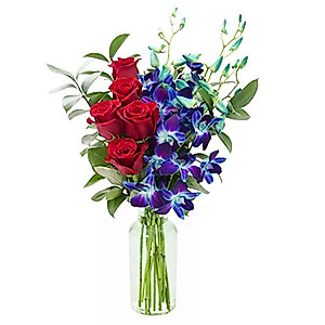 KaBloom Sapphire Red Bouquet of Fresh Red Roses and Exotic Blue Orchids with Vase