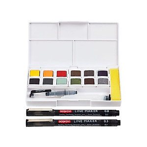 Derwent Line & Wash Paint Set, Professional Quality, Fine Line Pens, Inktense Colors, Art Supplies for Adults, Portable, Travel Set Includes 12 Paint Pans, 2 Line Makers, Mixing Palettes, Sponge
