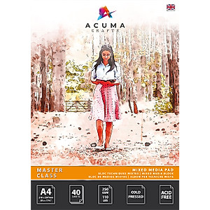 Mixed Media Paper Art Pad, 40 Sheets, A4 Size 110 lb/250 GSM, Glue Bound, Bleedproof, Acid Free, Cold Pressed for Artists Wet, Mixed Media Drawing and Techniques, Made in UK by Acuma Crafts