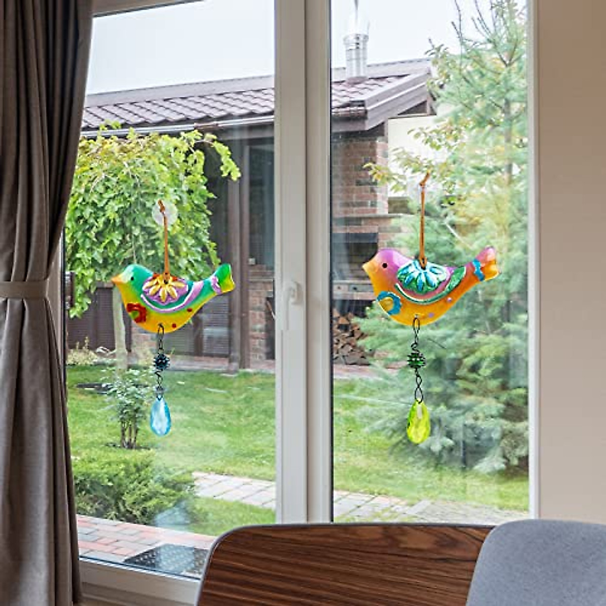 Fused Glass Bird Window Suncatcher,Indoor and Outdoor Hanging Decoration,with Crystal Pendant and Suction Cup,2 Pack Ornament for Home and Garden