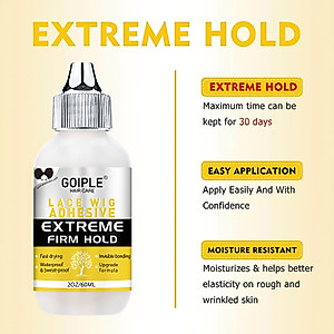 Goiple Wig Glue Hair Glue Lace Glue 2OZ, Waterproof Lace Front Wig Glue for Wigs, Fast Dry Wig Glue for Lace Front Wigs Strong Hold Transparent Lace Adhesive for Hair Replacement (60ML)
