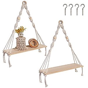 YuPinDiZu Macrame Wall Hanging Shelf | Boho Shelves with Wood Shelf | 2 Pcs Handmade Macrame Shelf for Hanging Plants and Decor | Boho Wall Decor with Beautiful Macrame Rope and Shelf (Beige)