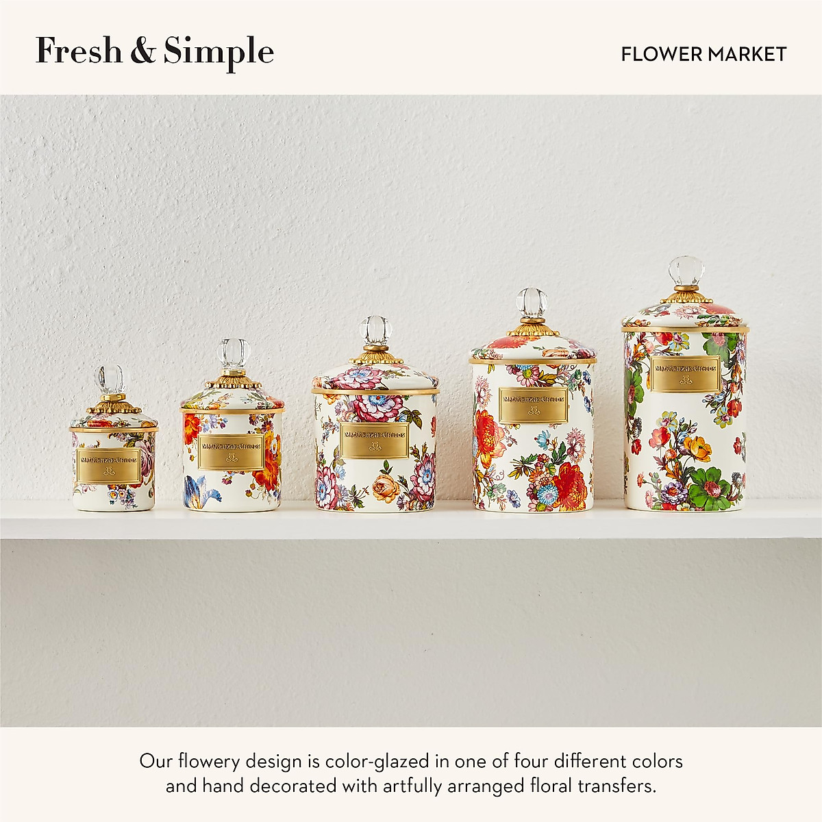 MACKENZIE-CHILDS Mini Enamel Canister, Kitchen Storage Container for Sugar or Loose-Leaf Tea, 14 Ounces, White Flower Market