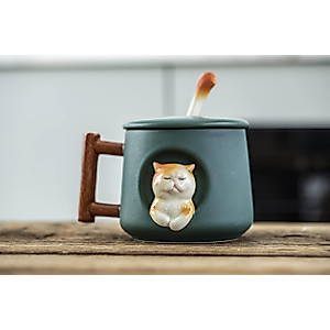 DIHOclub Adorable 3D Ceramic Cat Mug with Lid and Spoon - Perfect for Coffee, Tea, Milk, and More - Ideal Gift for Animal Lovers - 14 Ounces (Green)