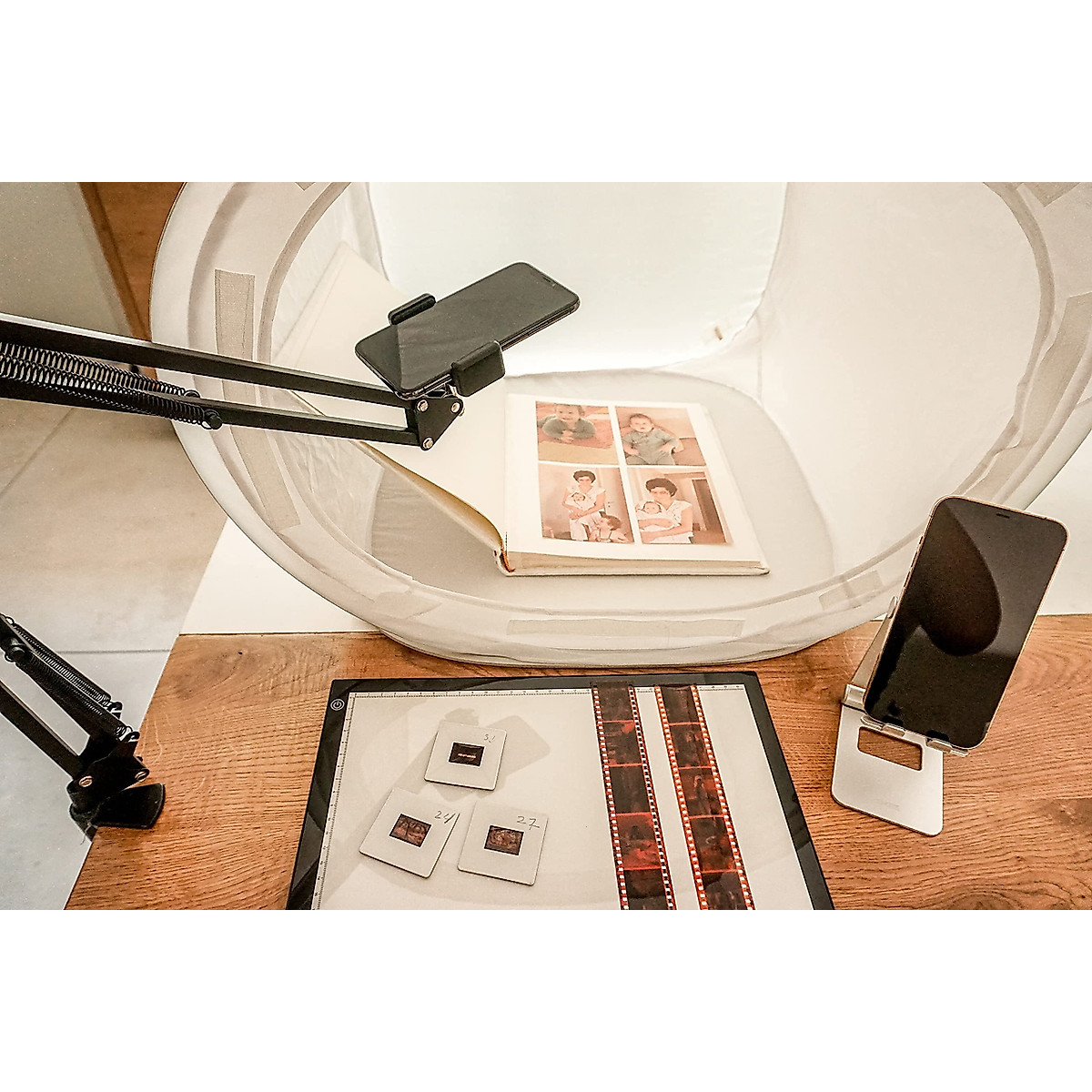 All-in-One Scanning Bundle for Slides & Negatives with Photo Tent, Light Pad, Phone Mount, Macro Lens, & Cotton Gloves