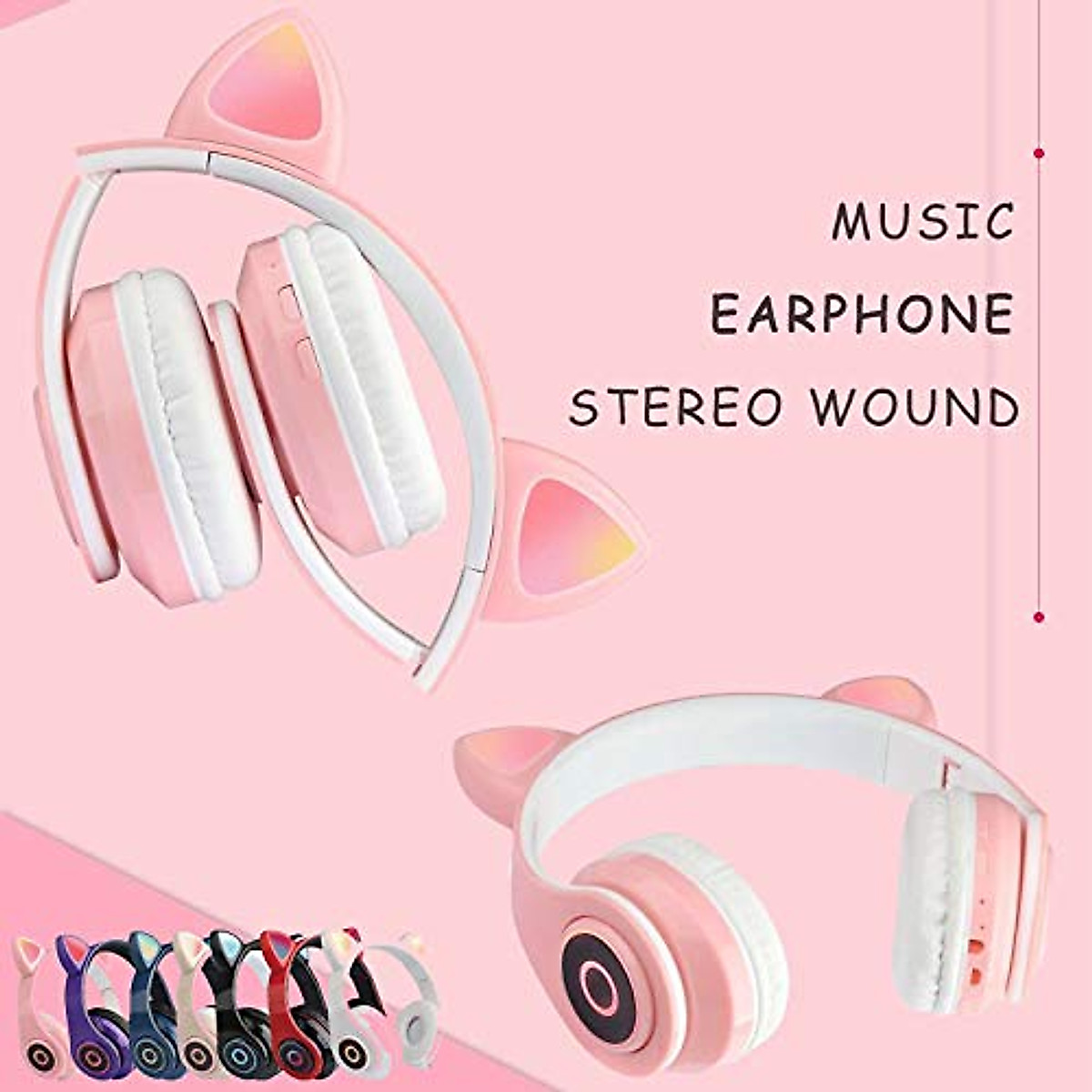 Niaviben Headphones Over-Ear Bluetooth 5.0 Wireless Cat Ear Headphones LED with Mic Headphone Support Wire and Wireless Mode for Kids and Girls Black