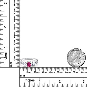 Gem Stone King 2.52 Cttw 925 Sterling Silver Red Created Ruby 3-Stone Engagement Ring | Oval 7X5MM & Round 5MM | 3 Stone Wedding Anniversary Promise Ring For Women (Size 7)