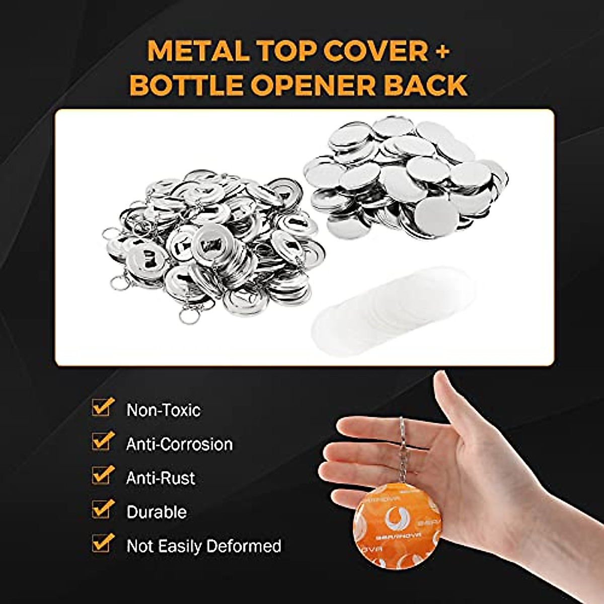BEAMNOVA Metal Button Parts Supplies 100 Set of 58mm / 2.28 in (2-1/4 inch) Keychain Bottle Opener for Button Maker Machine, Every Set Includes Metal Bottom, Top, Chain & Plastic Film