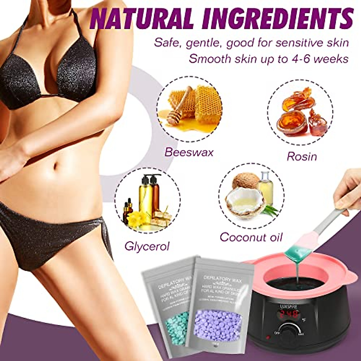 Luxspire Wax Warmer for Hair Removal, Waxing Kit for Women, Digital Wax Machine with Silicone Wax Pot, 4 Pack Hard Wax Beads, Waxing Applicator, Wax Pot, Home Self Waxing Kit for Body Eyebrow Bikini