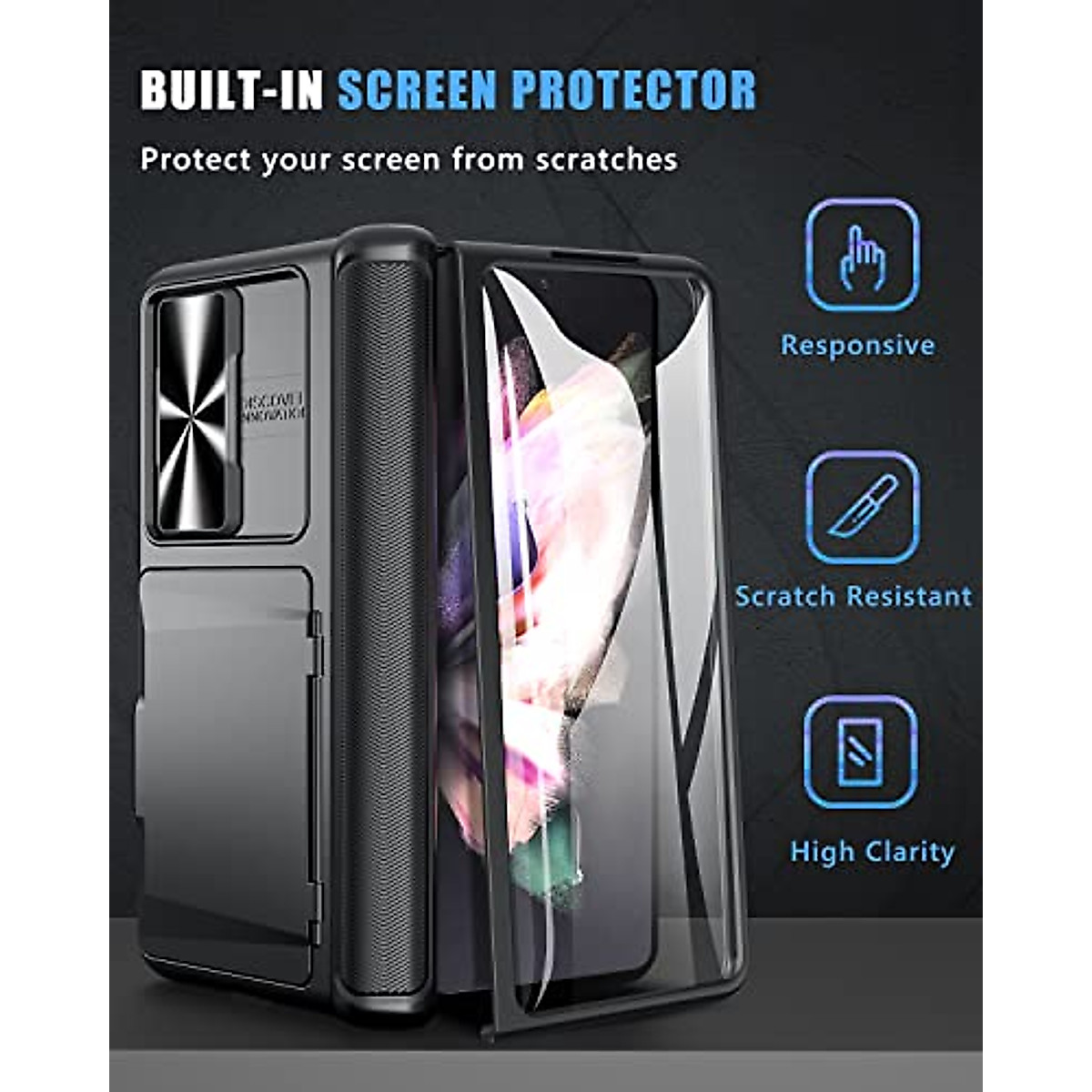 Vihibii for Samsung Galaxy Z Fold 3 5G Case with Hinge Protection, Built-in Card Holder & Kickstand & Slide Camera Cover & Screen Protector, Multifunction Case for Samsung Galaxy Z Fold 3 2021 (Black)