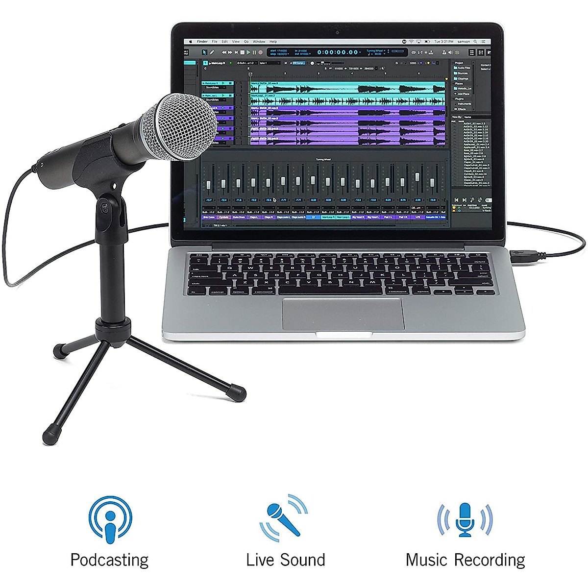 Samson Technologies Q2U USB/XLR Dynamic Microphone Recording and Podcasting Pack (Includes Mic Clip, Desktop Stand, Windscreen and Cables), Silver