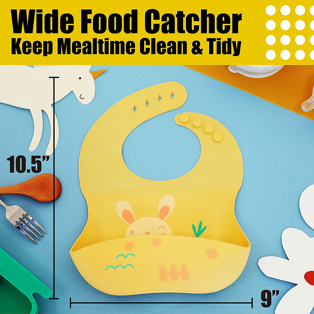 myHomeBody Waterproof Baby Bibs, Baby Bib Catcher, Baby Bib with Food Catcher, Baby Bibs Reusable, Cute Baby Bibs Silicone, Yellow Rabbit, 1pc