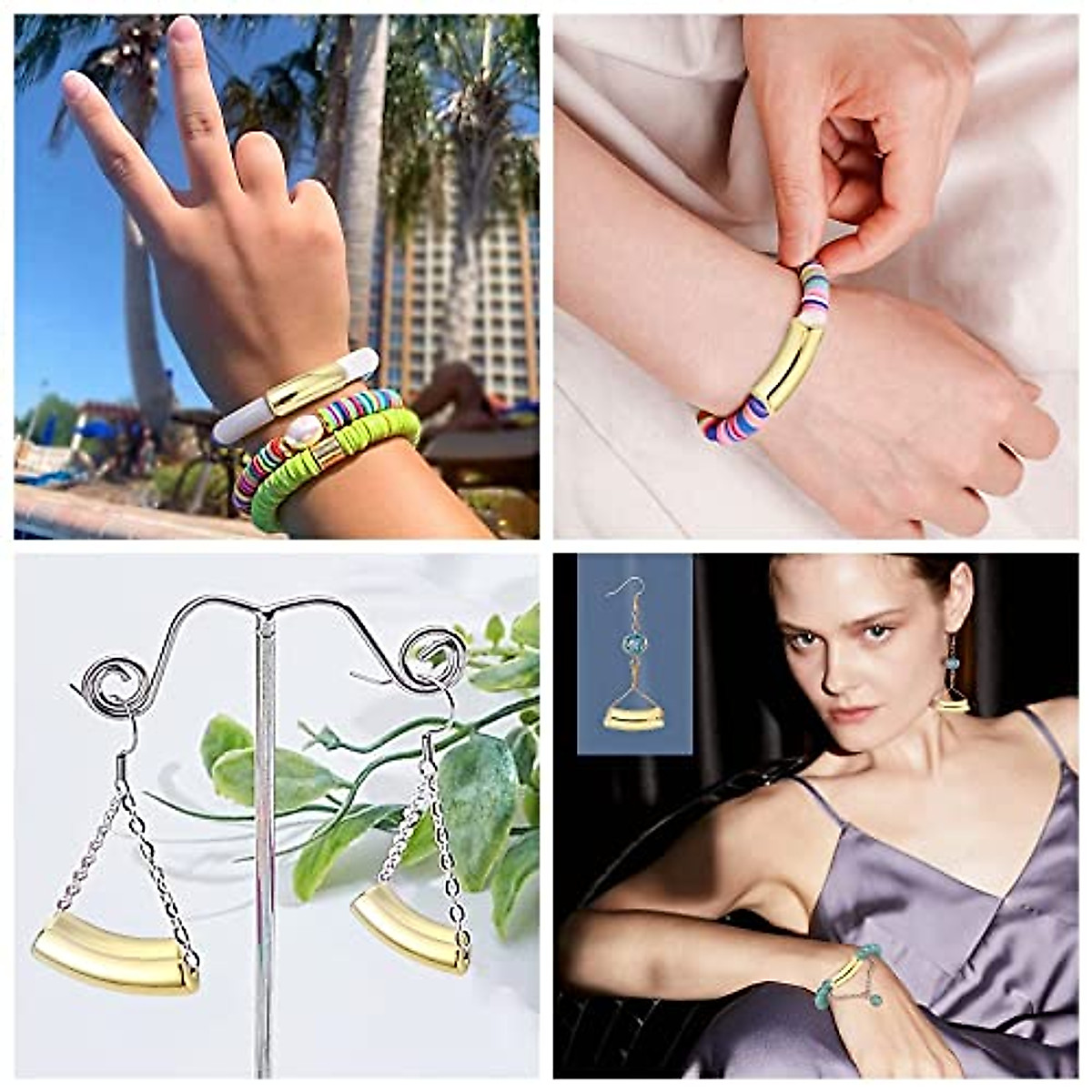 LiQunSweet 50 Pcs Golden Acrylic Noodles Beads Long Curved Tube Bead Spacers for DIY Bracelet Anklet Necklace Jewelry Making - 34mm