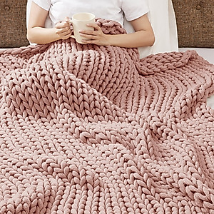 Madison Park Boho Throw Blanket, Soft Blanket Handmade Gift Home Decor, Lightweight & Breathable All Seasons Spring Chunky Knit Blanket, Knitted Throw for Couch, Bed Blanket, 50"x60" Blush