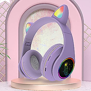 Cat Ear Headphones, Kawaii LED Light Up Wireless Bluetooth Headset, Cat Headphones Support TF Card Over-Ear Gaming Headset for Kid Adult Birthday Gift(Purple)