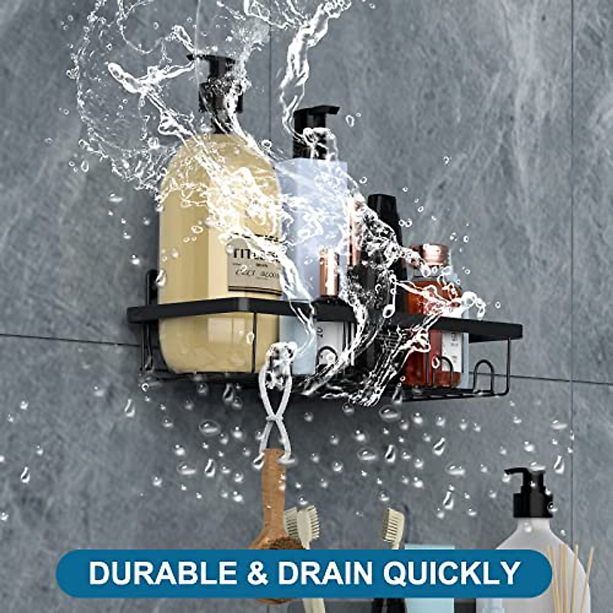 AucrBoa 6 Pack Shower Caddy Bathroom Shelf with Hair Dryer Holder, and Towel bar and Soap Dishes, No Drilling Traceless Adhesive Wall Mounted Bathroom Storage Organizer Basket with Hooks,Black