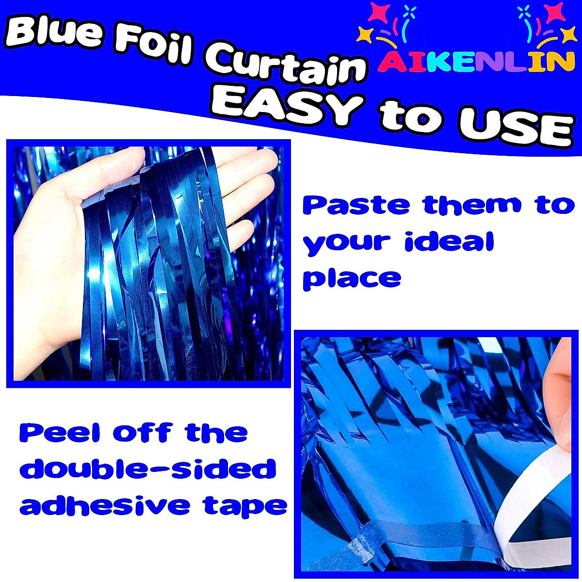 4 Pack 3.2Ft x 8.2Ft Blue Foil Fringe Curtain Backdrop, Metallic Tinsel Foil Fringe Streamers Curtains Background for Photo Booth, Birthday, Wedding, Halloween, Christmas Party Decoration