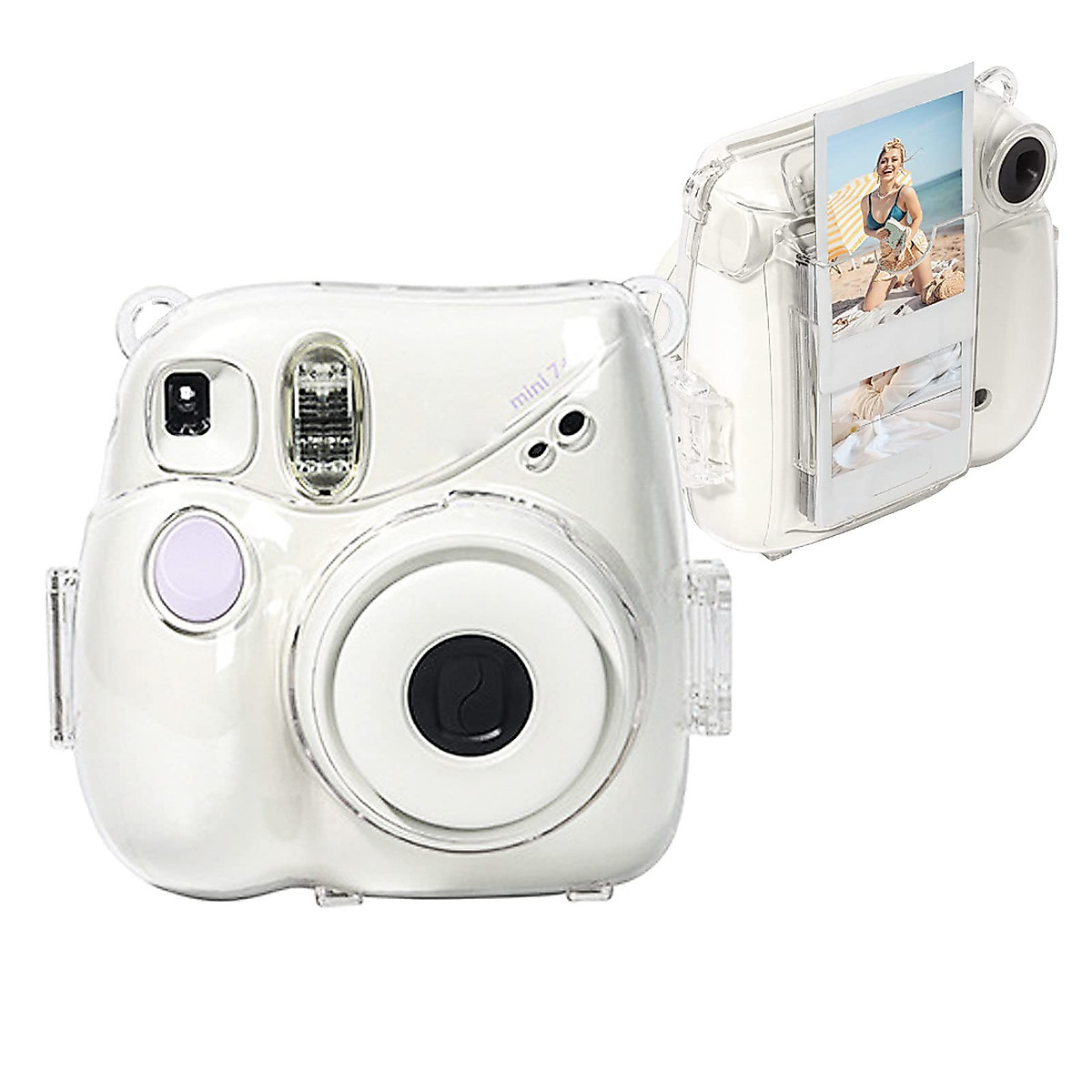 Kimyoaee Mini 7+ Clear Camera Case Bundle Set for Fujifilm Instax Mini 7 Plus Instant Camera Accessories with Films Pocket Picture Holder, Sticker Decal, Adjustable Shoulder Strap