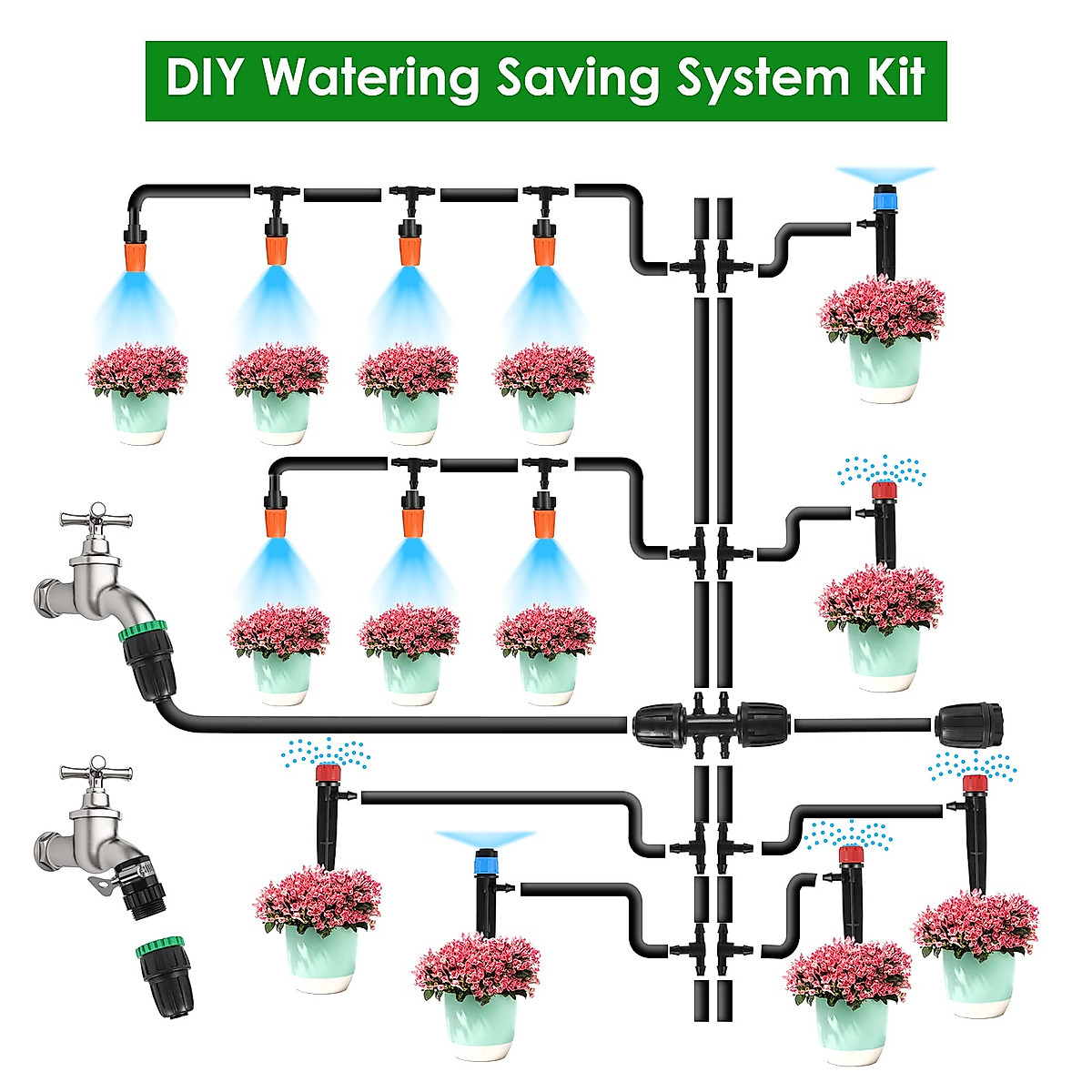 HAYIFTY Drip Irrigation Kit, 140 Feet Garden Irrigation System with Adjustable Nozzle Sprinkler Sprayer&Dripper Patio Plant Watering Kit M BLACK