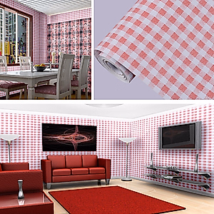 GLOW4U Ruby Red Gingham Adhesive Decorative Contact Paper Laminate Shelf and Drawer Liner 17.7x78 Inch