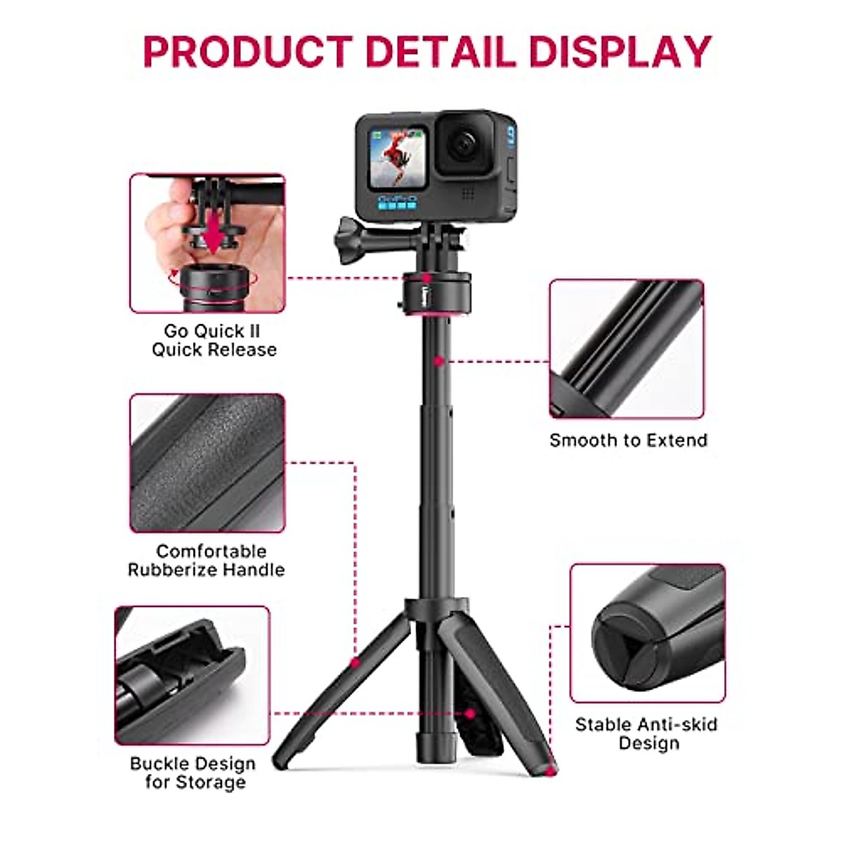 Mini Tripod Mounting Accessories for Gopro - ULANZI Go Quick II Small Tripod Quick Release Compact Vlog Handle Selfie Grip Compatible with Gopro Hero 5/6/7/8/9/10/11 Black/DJI Action/Insta 360/Askaso