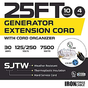30 Amp Generator Cord - 25 Ft 4 Outlet Generator Power Cable with Organizer, L14-30, 10/4 SJTW, 125/250v, 7500 Watt