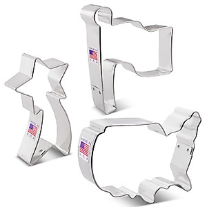 Fourth of July Cookie Cutter 3-Pc Set Made in USA by Ann Clark, Flag, Shooting Star, USA Map