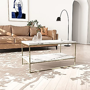 roomfitters 35” Faux Marble Coffee Table, Marble Top Rectangular Coffee Table, Center Table with Gold Metal Frame, 2 Tier Living Room Table, Cocktail Table with Storage for Living Room
