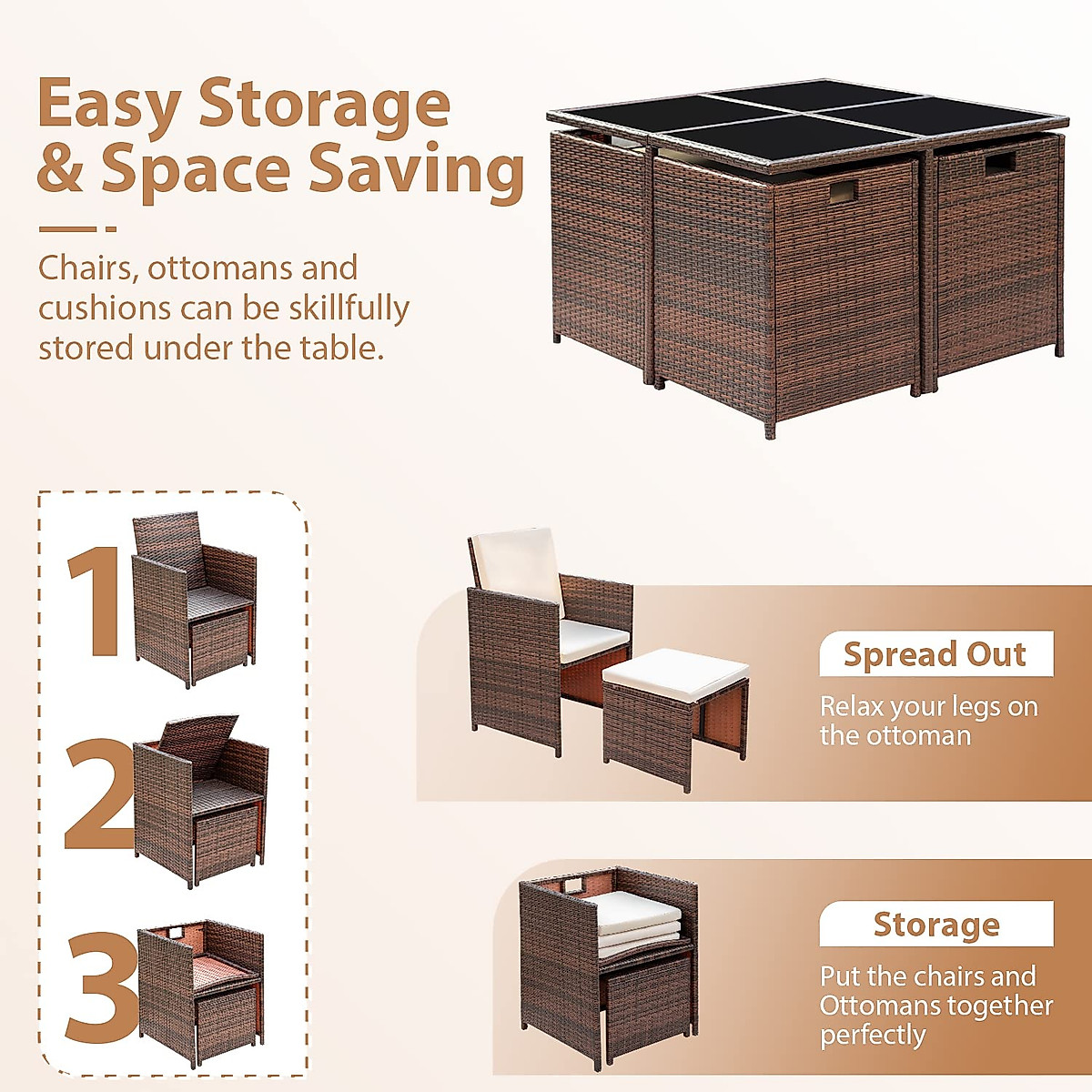 Homall 9 Pieces Dining Outdoor Furniture Patio Wicker Rattan Chairs and Tempered Glass Table Sectional Conversation Set Cushioned with Ottoman (Brown)