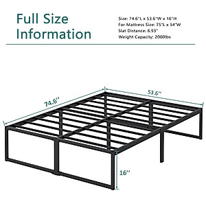 XINXINYAN 16 Inch Full Bed Frame, No Box Spring Needed, Heavy Duty Metal Platform Bed Frame Full Size, Strong Steel Slats Support, Noise Free, Easy Assembly, Black